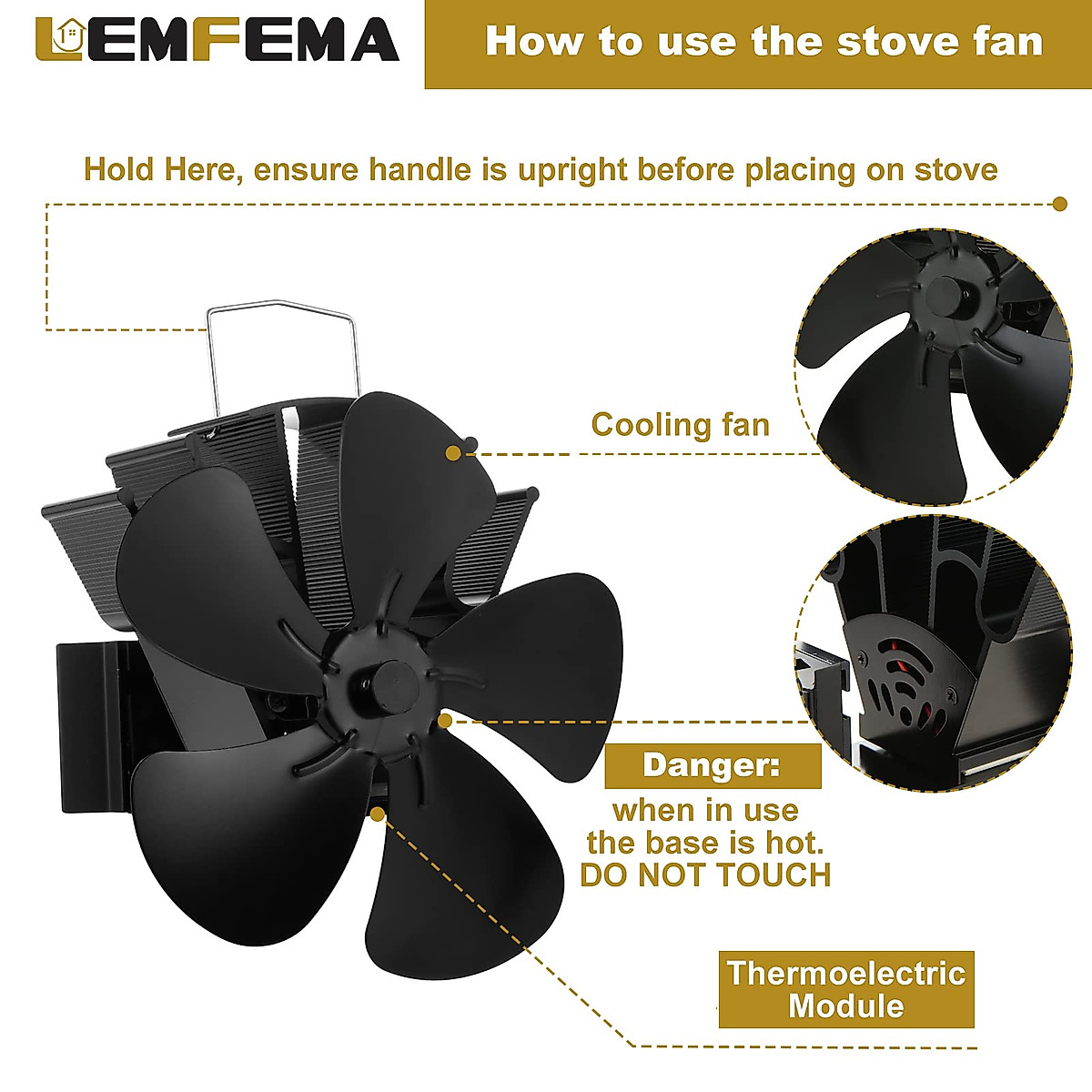 Lemfema Heat Powered 5 Blades Stove Fan, Flue Pipe Hanging Fireplace Fan for for Wood/Log Burner/Fireplace, Silent Indoor Stove Fan with Magnetic Thermomete