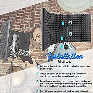 PyleUsa Microphone Isolation Shield, 5 Panel Acoustic Vocal Sound Dampening Noise Absorb Record Studio,1.6" Foam,Adjust Mic Depth,Removable Shock Mount, ⅝" Threaded,Podcast,Sing and Broadcast-1 set