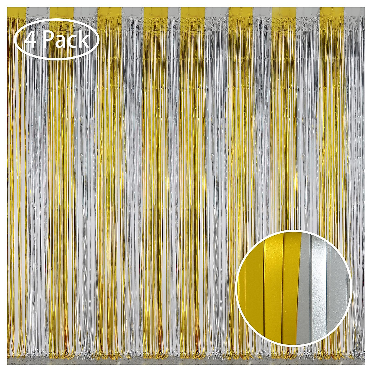 Melsan Gold and Silver Tinsel Curtains - 3.2ft X 8ft Foil Fringe Curtain Photo Backdrop for New Year Eve, Anniversary, Graduation, Birthday Party Backdrop - 4 Packs