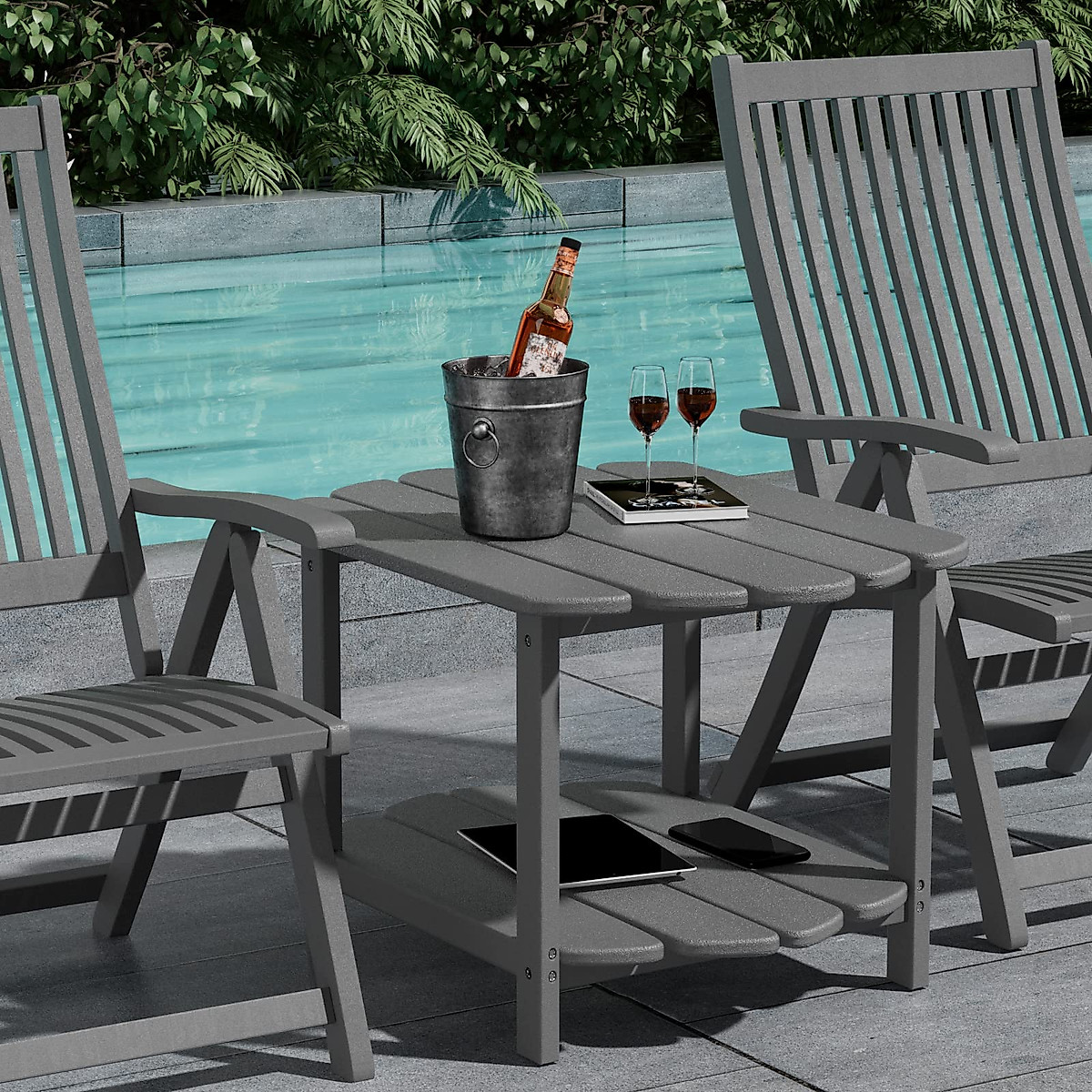 FERFALDER Small Outdoor Side Tables 2-Tier Adirondack Table Industrial End Table HDPE Storage Shelf Modern Corner Rectangle Coffee Table for Patio Pool Home Garden Backyard Balcony Farmhouse Grey