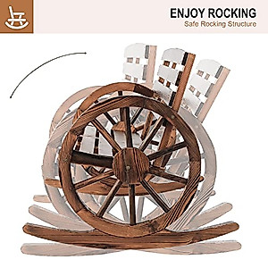 FURNDOOR Outdoor Rocking Chair with Table - Wooden Wagon Wheel Rocking Chairs Patio Double Rocker Chair Wood Patio Bistro Set for Porch Bench, Rustic