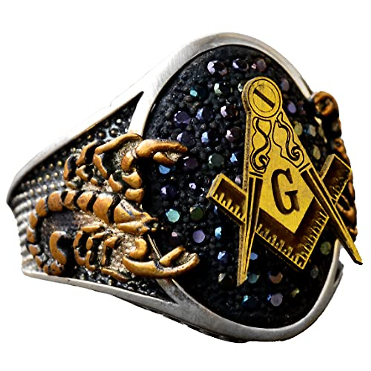 Handcrafted 925 Sterling Silver Men's Freemason Scorpion Ring with Black Agate Gemstone, Masonic Gold Plated King Signet Design, Unique Sterling Silver Ring