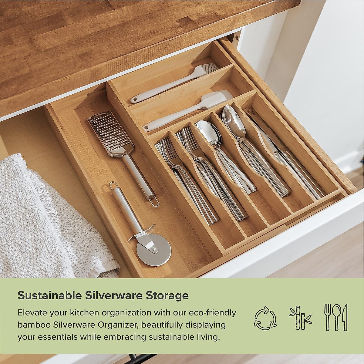 KitchenEdge Premium Silverware, Flatware and Utensil Organizer for Kitchen Drawers, Food-Safe Contract Grade, Expandable from 10.5 to 19 In, Natural Bamboo