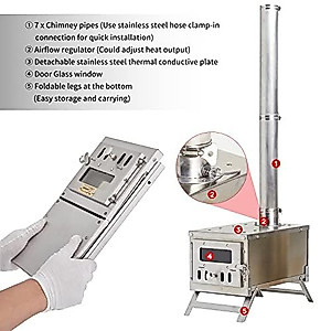 XCMAN Camping Wood Stove | Backpacking Stove | Small Tent Stove Portable Tiny Wood Burning Stove for Tents, Ice fishing Tent, and Camping Precision Stainless Steel Construction, Includes Chimney Pipe