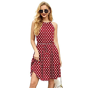 GRECERELLE Women 2023 Summer Halter Neck Dresses Sleeveless Casual Polka Dot Print Short Boho Ruffle Sundress(Medium, PD Wine Red)