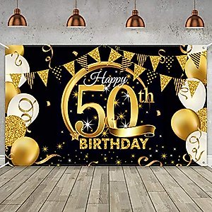 Birthday Party Decoration Extra Large Fabric Black Gold Sign Poster for Anniversary Photo Booth Backdrop Background Banner, Birthday Party Supplies, 72.8 x 43.3 Inch (50th)