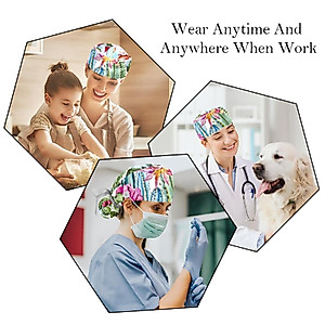 LIFH Ink Paint Cactus Red Rose Flowers Scrub Caps Women, 2 Packs Working Cap with Ponytail Holder, Adjustable Elastic Bandage Tie Back Hats, Medium-3X-Large