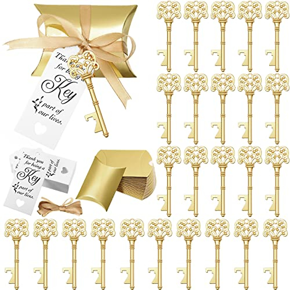 100 Sets Vintage Key Bottle Opener Wedding Favors, Wedding Party Souvenir Gift for Guests with Thank You Tag Card Pillow Candy Box and Satin Ribbon (Gold)