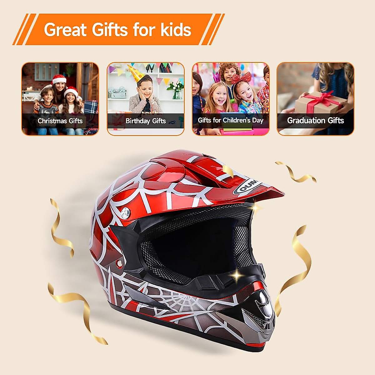 OUMURS DOT Youth Dirt Bike Helmet,Kids ATV Helmets with Gloves Goggles for Youth Boys Girls 5-14 Ages,Four Wheeler Helmet Kids Motocross BMX MX UTV Snowmobile Go Kart Full Riding Racing Skateboard