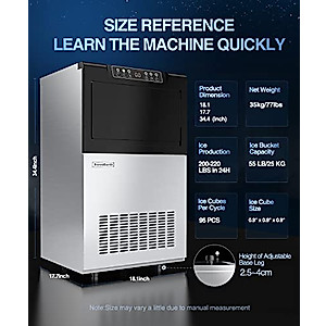 RovaEarth Commercial Ice Maker Machine 220LBS/24H with 55LBS Storage Bin, ETL Approved,96 Ice Cubes Ready in 8-15 Mins, Stainless Steel Freestanding Ice Machine for Home/Office/Bar/Coffee Shop