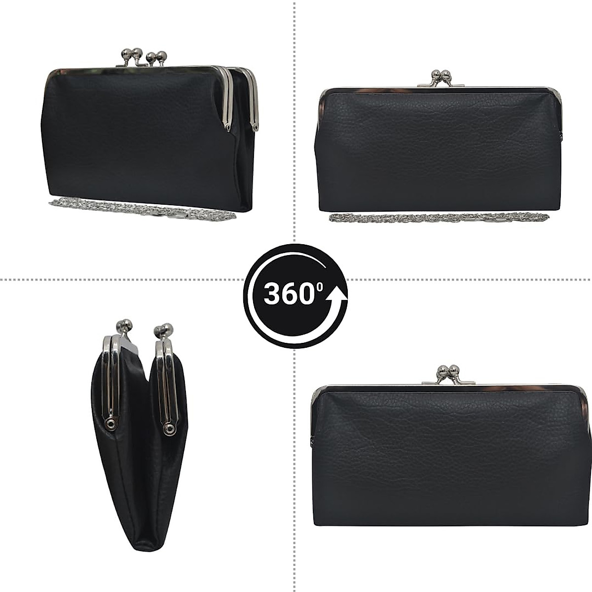 Double Frame Vintage Style Clutch Purse Wallet, Clutch Purses for Women, Wallet Women, Clutch, Travel Wallet Womens (Black)