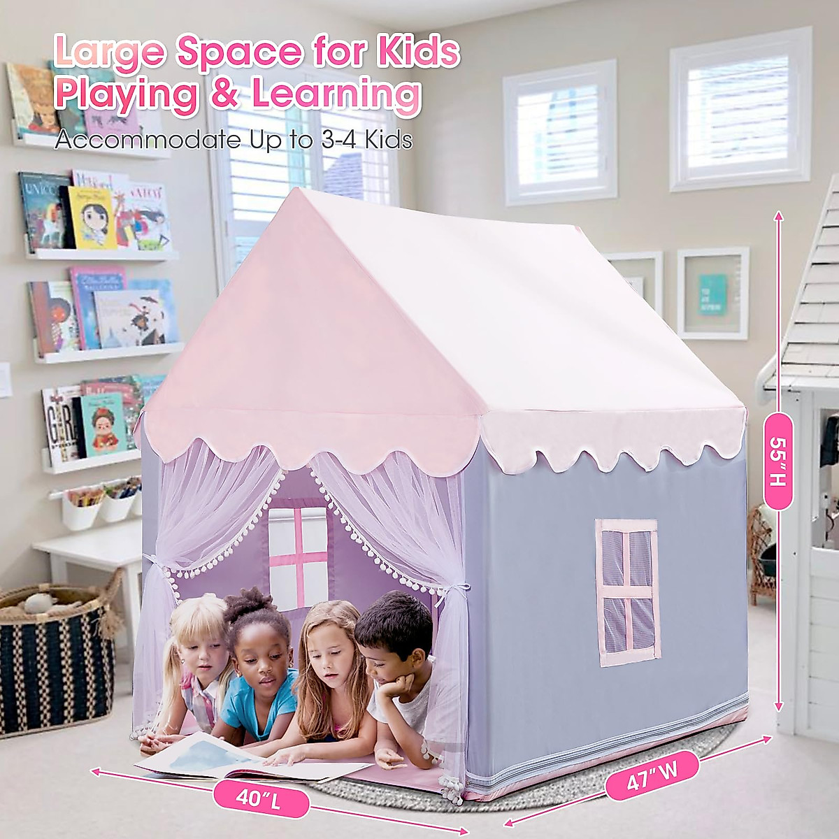 HAHASOLE Large Play Tent with Lights, Kids Tent Large Toddler Playhouse Indoor Outdoor, Princess Castle Tent with Windows, Kids Play Tent for Boys Girls, Great Gift