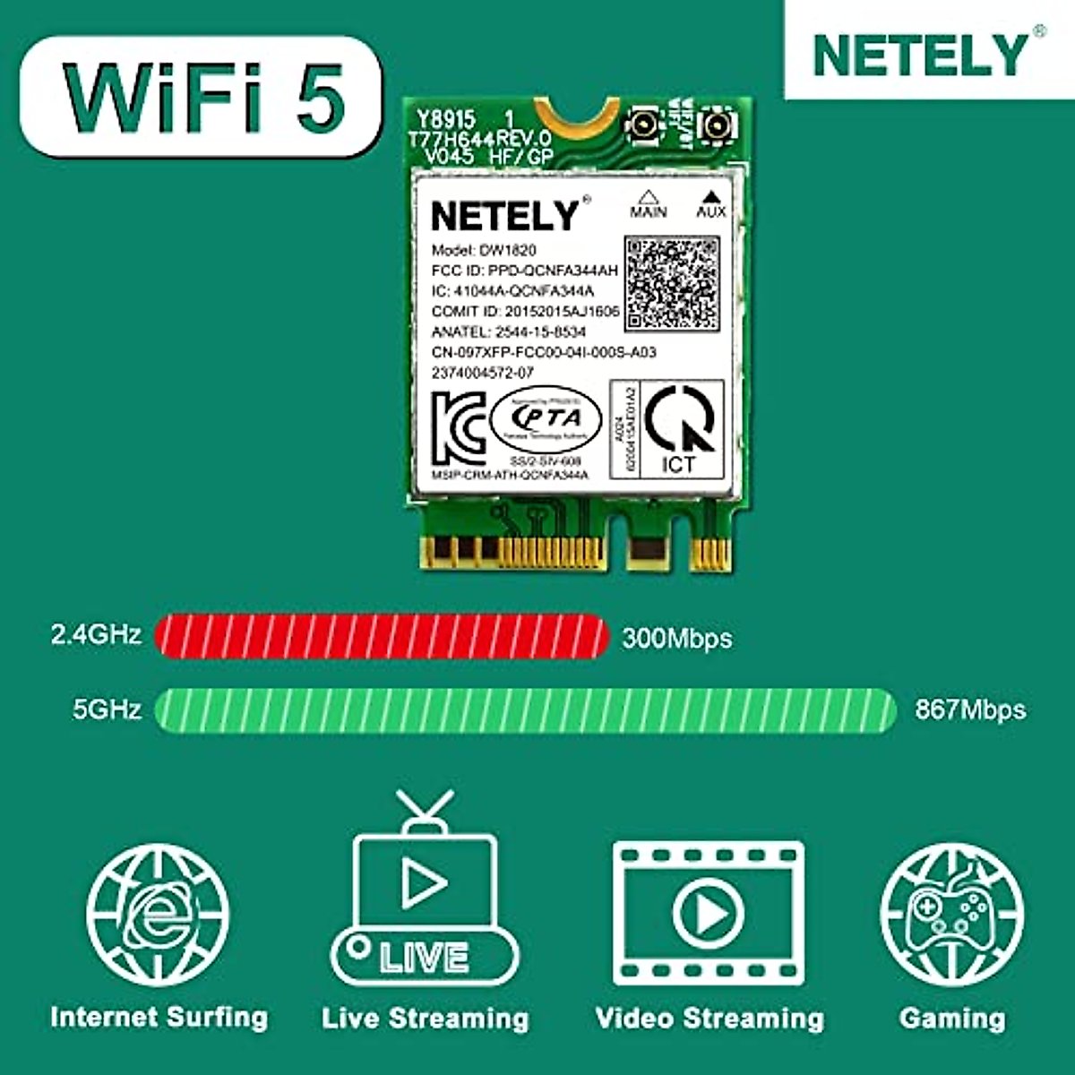 NETELY IEEE 802.11AC NGFF M2 Interface 1200Mbps Dual Band WiFi Adapter for Laptop PCs, NGFF M2 WiFi Card with Bluetooth 4.2, OEM DELL Wireless Network Adapter DW1820