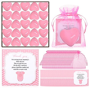Threlaco 50 Sets Baby Shower Favors Include 50 Pcs Valentine's Day Heart Shaped Tealight for Guests Baby Shower Candles Tealight with 50 Pcs Thank Cards and 100 Pcs Gift Bags for Gender Reveal (Pink)
