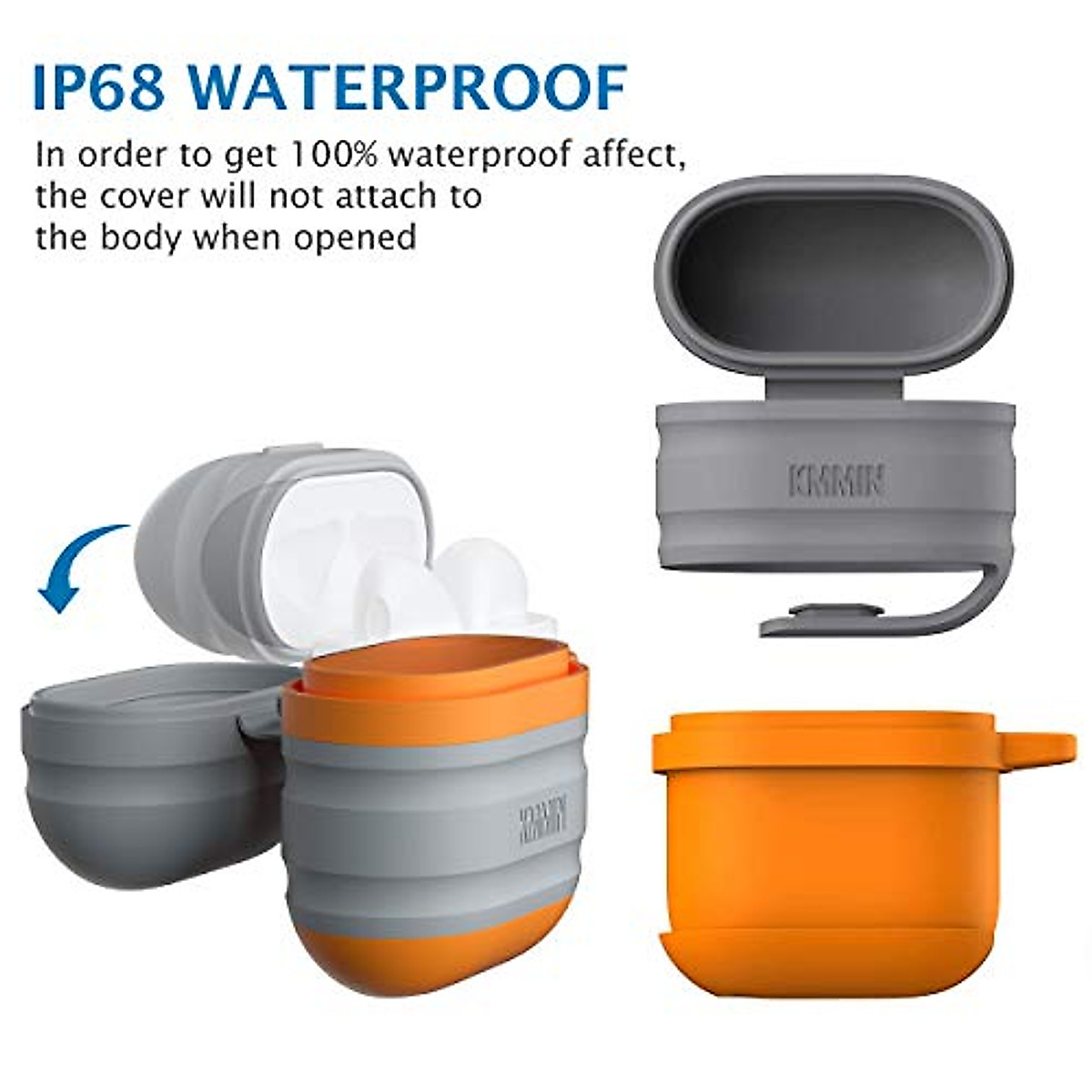 AirPods Case, KMMIN Waterproof AirPods Case Cover for Apple AirPods 1&2 Wireless Charging Case Premium Silicone Protective Case Skin Airpods Accesssories, LED Light Visible