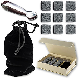 Set of 9 Grey Beverage Chilling Stones [Chill Rocks] Whiskey Stones for Whiskey and Other Beverages - in Gift Box with Velvet Carrying Pouch - Made of 100% Pure Soapstone - by Quiseen