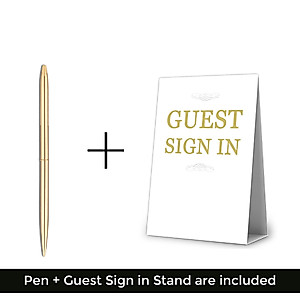 White & Gold Wedding Guest Book w/ Pen & Table Sign - Guestbook Sign in for Reception, Birthday Parties, Bridal or Baby Shower - Gilded Pages, Size 7"x9" inches - Blank Left Page for Polaroids