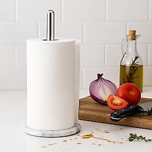 Creative Home Natural Marble Base Paper Holder Kitchen Towel Dispenser with Chrome Plated Pole, 5-1/2" Diam. x 12-5/8" H, Off-White (patterns may vary)