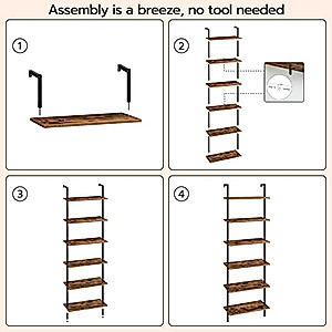 HOOBRO DIY Ladder Shelf, 6-Tier Wall Mounted Bookshelf, Office Vertical Bookcase, Wooden Storage Shelves for Home Office, Bedroom, Rustic Brown and Black BF65CJ01