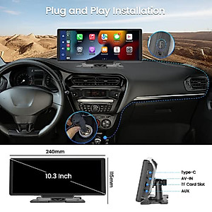 10.3 Inch Wireless Car Stereo Apple CarPlay with 1080P Backup Camera, Portable Wireless Android Auto Screen for Cars, Bluetooth Car Audio Receiver with AUX 64G TF Card