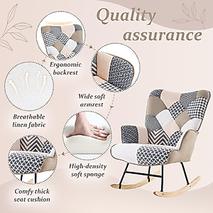 Fahomiss Nursery Rocking Chair - Accent Rocking Chair for Nursery, 330lbs Weight Capacity Glider Rocking Chair Upholstered with Patchwork Linen Fabric for Living Room Bedroom(x1, Elegant Grey)