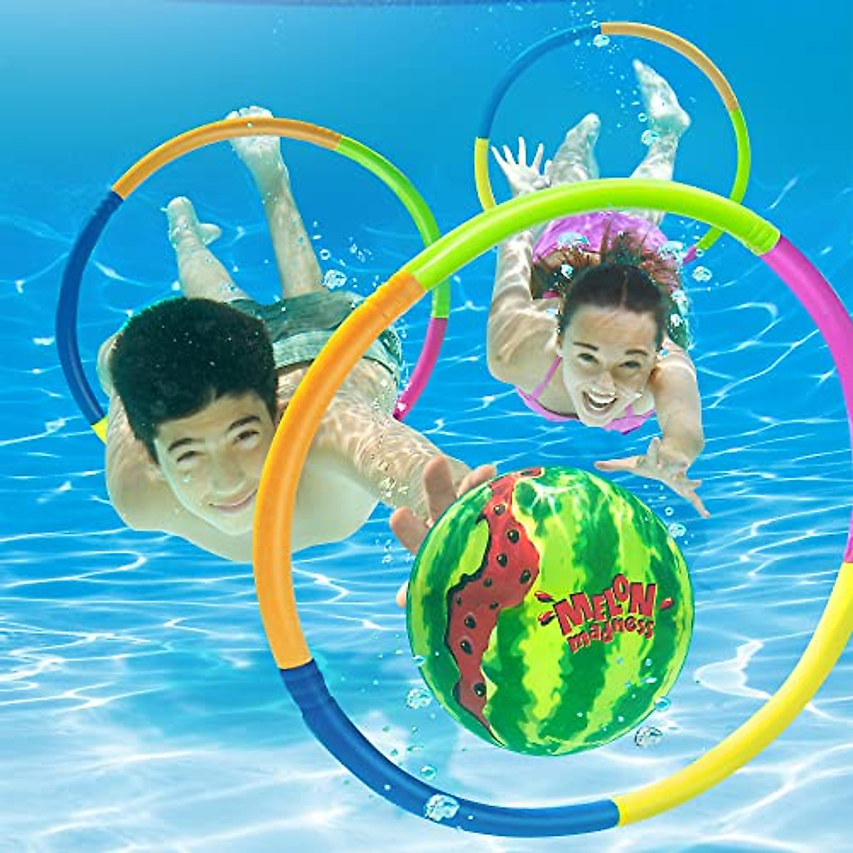 BANZAI Melon Madness Pool Challenge Underwater Water-Filled Ball w/ 3 22-inch Diameter Target Hoops, Garden Hose Adapter, and Underwater Ball