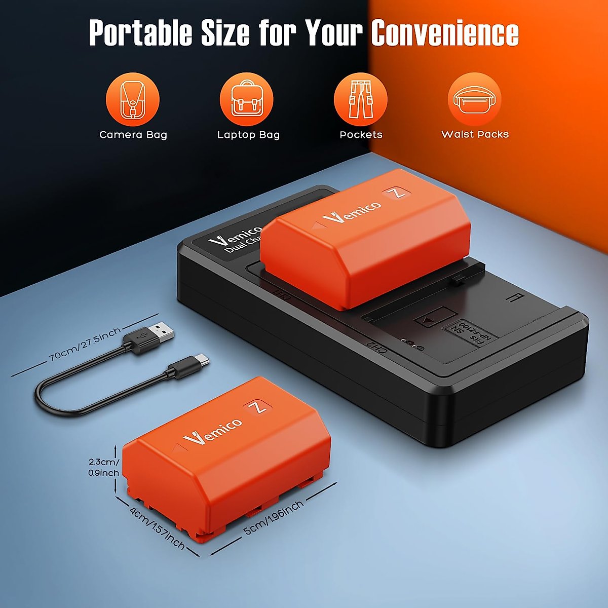 Vemico NP-FZ100 Battery Charger Set Z-Series 2 X 2280mAh Replacement Batteries with LCD Type-C Charger for Alpha A6600/A7III/A7R III/FX3/A1/A7 RIII/A7S III/A7C/A9/A9S/A9R/A7IV/A7R4 etc.