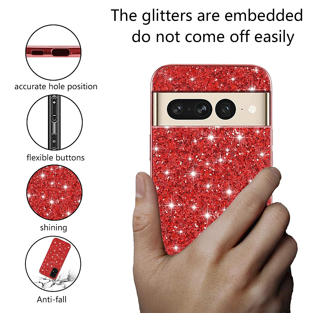 Compatible with Google Pixel 7 Pro Case Glitter Shockproof,Google Pixel 7 Pro Phone Case Bling Sparkly Soft TPU and PC Silicone Shiny Girl Women Thin Protective Cover (Red)