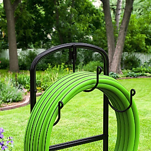 Venkuber Garden Hose Holder, Freestanding Hose Holder Stand with Hanger Hooks Heavy Duty Water Hose Storage Rack for Yard Outside Outdoor, Black
