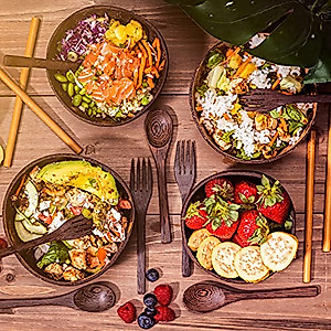 NaturalX Premium Coconut Bowls with Spoons (Set of 4) | Made from 100% Coconut Shell | Organic, Handmade, Vegan, Natural, Bamboo, Wooden, Eco Friendly, Reusable Bowl for Breakfast, Serving, Party