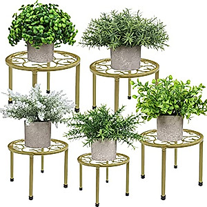 HAINARverS Metal Plant Stands 5-Pack, Heavy Duty Rustproof Iron Corner Flower Pot Stand Holder, Round Supports Display Rack Tiered Plant Stand Shelf For Indoor And Outdoor Multiple (Gold)