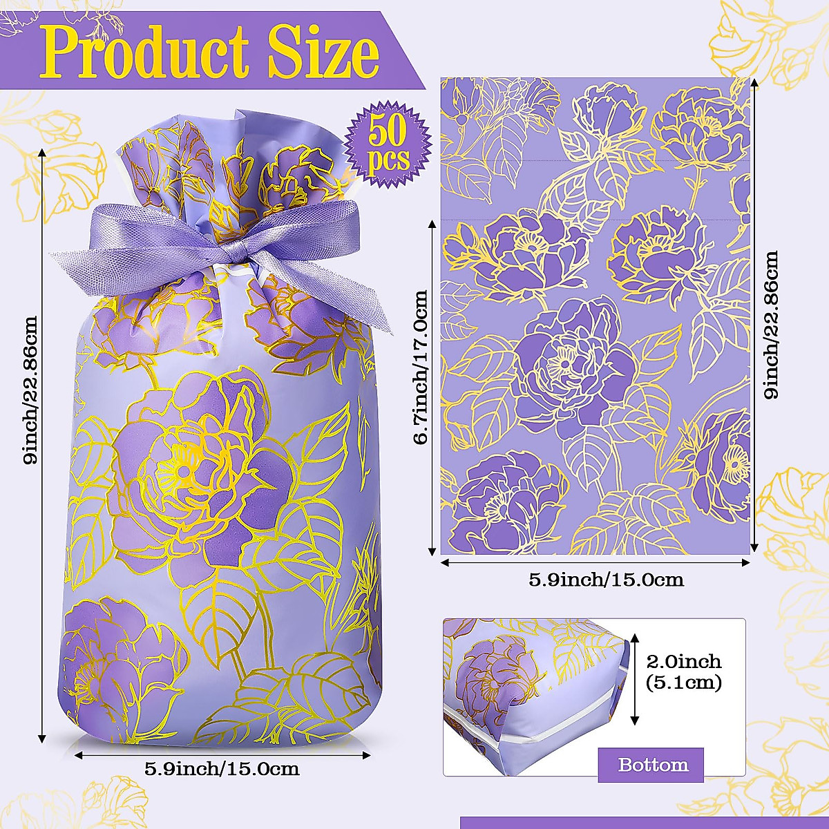 Pasimy 50 Pcs Purple Rose Gift Bags Purple Drawstring Bags Flower Candy Bags Gold Purple Plastic Treat Bags Purple Flower Favor Bags for Women Girl Birthday Party Supplies