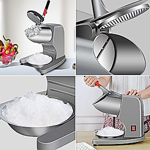 Electric Shaved Ice Machine 11 Inch Height 380W Three Blade Ice Crusher Snow Cone Maker Machines 220lbs/hr for Home and Commercial Use (Silver)