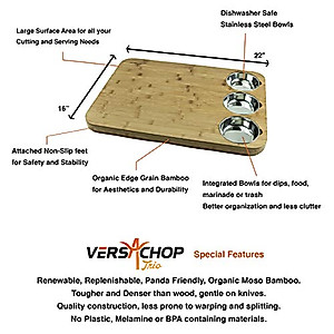 Versachop Trio, Extra Large 22 X 16 inch Cutting Boards for Kitchen, Butcher Block - Totally Natural Organic Moso Bamboo board with three Stainless Steel Bowls attached for easy chopping