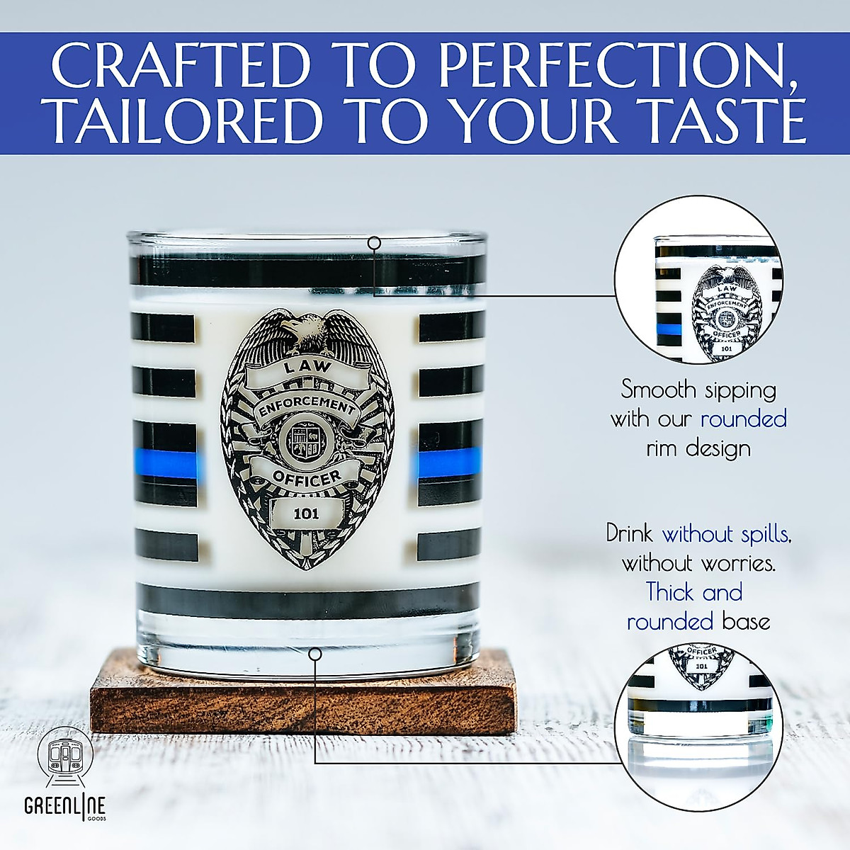 Greenline Goods Thin Blue Line Police Officer Whiskey Old Fashioned Glasses (Set of 2) - 10 oz - Classic Drinkware with Law Enforcement Flag Graphics - Shows Support for First Responders