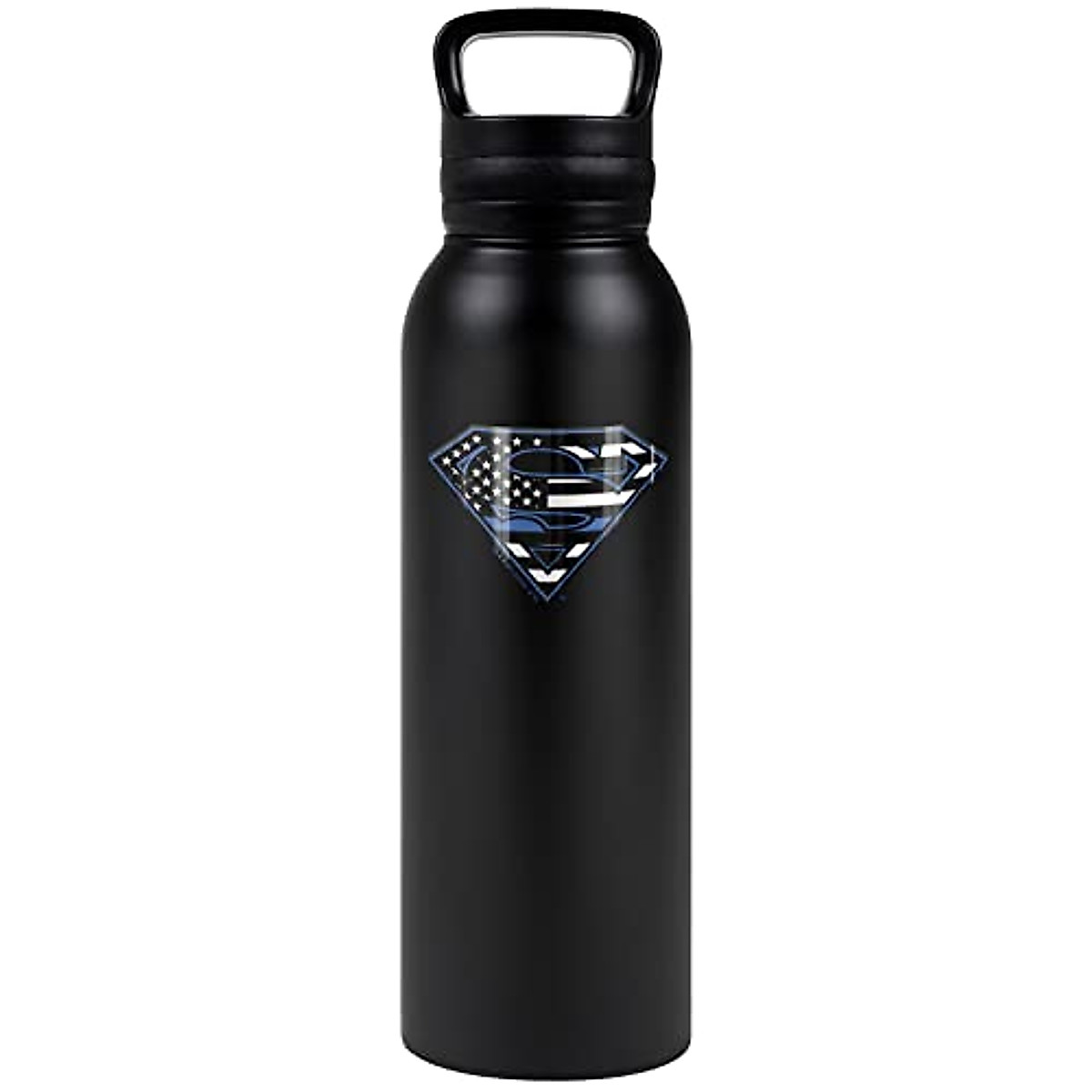Superman OFFICIAL Superman Thin Blue Line Flag Shield Logo Pattern 24 oz Insulated Canteen Water Bottle, Leak Resistant, Vacuum Insulated Stainless Steel with Loop Cap, Black