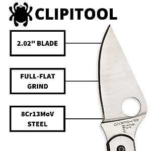 Spyderco ClipiTool Multi-Functional Stainless Steel Utility Pocket Knife with 2" Steel Blade and Screwdriver/Bottle Opener - PlainEdge - C175P