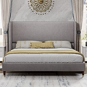 PaPaJet Queen Platform Bed Frame 51.2" High Headboard Linen Tall Upholstered Bed/No Box Spring Required/Wood Slat Support/Easy Assembly Light Grey