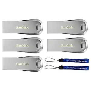 SanDisk Ultra Luxe 64GB USB 3.1 Flash Drive (Bulk 5 Pack) Works with Computer, Laptop, 150MB/s 64 GB PenDrive High Speed All Metal (SDCZ74-064G-G46) Bundle with (2) Everything But Stromboli Lanyards