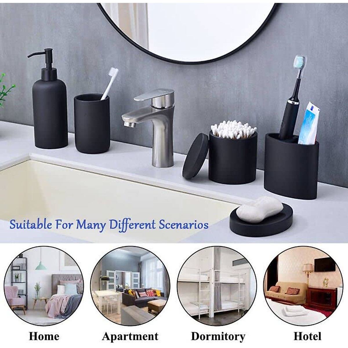 Rzoeox Bathroom Accessories Set Matte Black 5 Pcs, Resin Bathroom Sets Accessories Modern with Soap Dispenser, Cotton Swab Canister, Toothbrush Holder, Toothbrush Cup,Soap Dish (Matte Black)