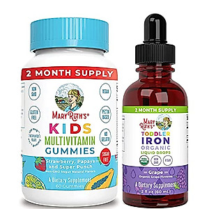Kids Multivitamin Gummies & Liquid Iron for Children Ages 1-3 Bundle by MaryRuth | Made with Organic Ingredients | Immune Support | Iron Supplement for Toddlers | Vegan | Non-GMO | Gluten Free.