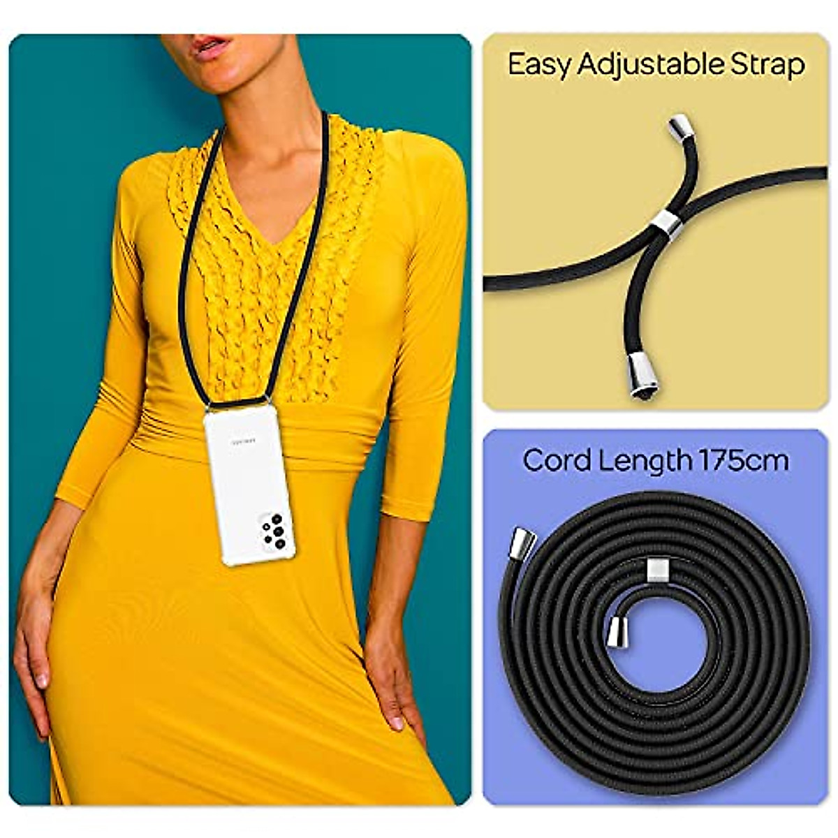 NALIA Necklace Cover Compatible with Samsung Galaxy A52 5G / A52 / A52s 5G Case, Transparent Protector with Band, Hardcase & Adjustable Holder Strap, Easy to Carry Crossbody, Color:Black