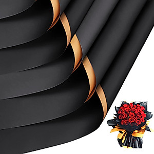 YEXEXINM 40pcs Double Sided Gold Black Flower Wrapping Paper, 22.8X22.8 Inch Waterproof Floral Wrapping Paper Sheets Florist Bouquet Supplies Packaging Paper for Wedding Engagement DIY Crafts Gift