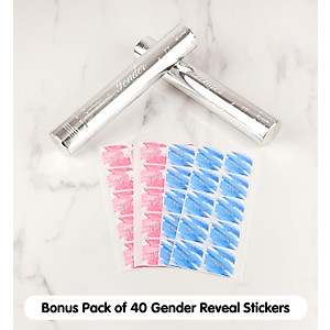 Gender Reveal Confetti Powder Cannon - 4 Blue Poppers - Gender Reveal Party Supplies - Smoke Powder & Confetti Sticks Cannons - Gender Reveal Stickers 40pcs (20 Girl 20 Boy)