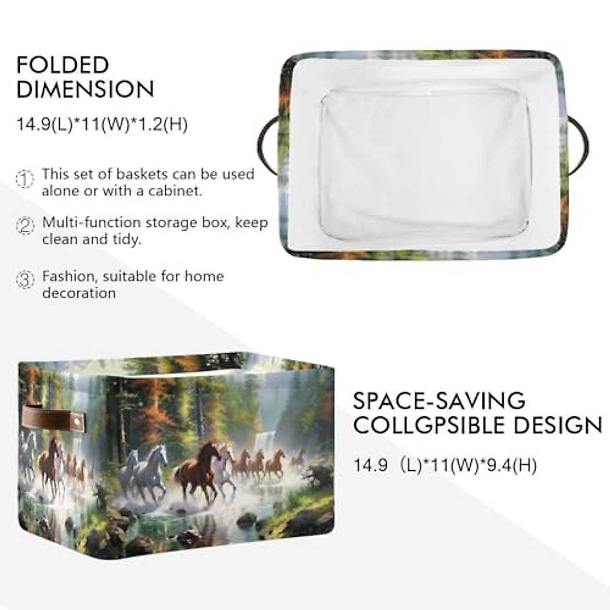 STAYTOP Large Storage Basket Collapsible Toy Storage Bins Waterproof Laundry Basket with Handle.Used for Home Closets, Offices, Bedrooms, Kids Toy and Gift Baskets-Running Horses（Rectangular）1PCS