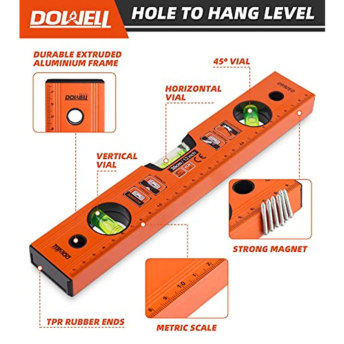 DOWELL 12 Inch Magnetic Spirit Level with Metric Scale, 3 Different Bubbles-45°/90°/180°HY030660