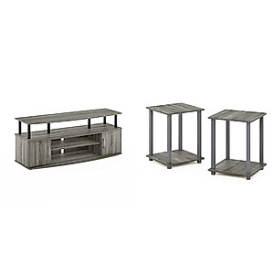 Furinno Jaya Large Entertainment Stand for TV Up to 55 Inch, French Oak Grey/Black Simplistic Set of 2 End Table, French Oak Grey/Grey