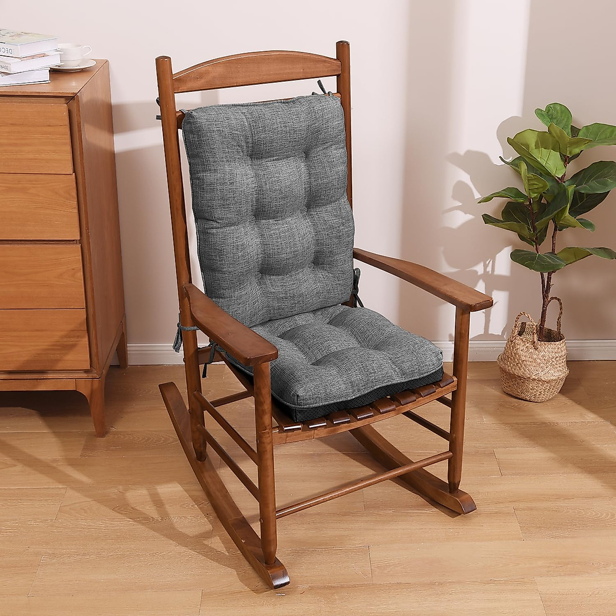 downluxe Indoor/Outdoor Rocking Chair Cushion Set, Tufted Comfortable Cushions for Rocking Chairs with Ties and Non-Slip Backing, Seat 17" x 17" x 3"/Back 21" x 17" x 3", Dark Grey, 2 Piece Set