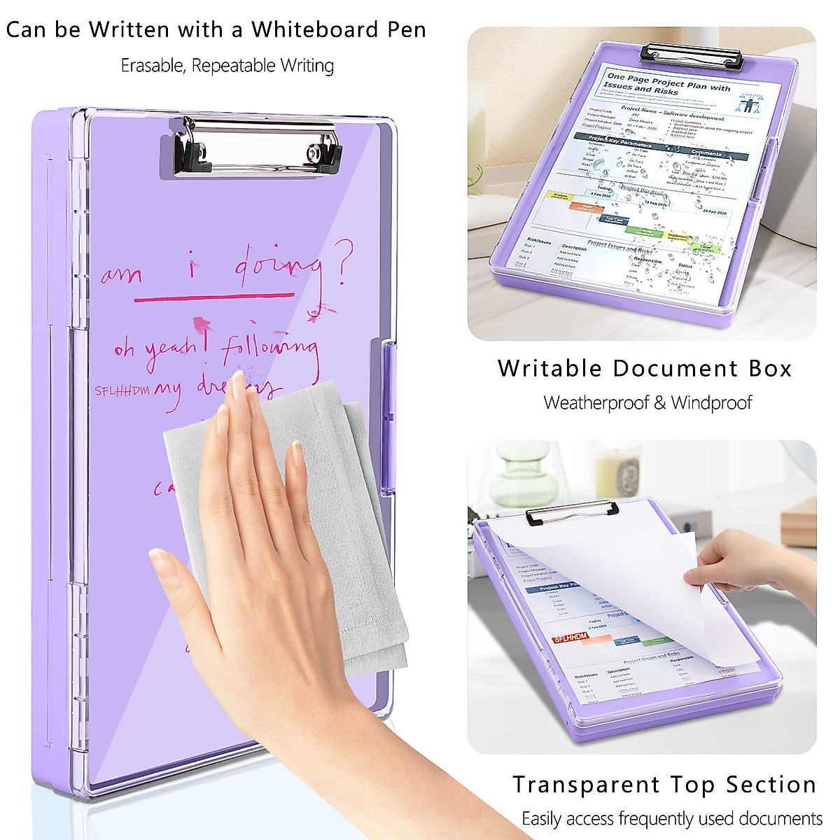 Clipboard with Storage,Heavy Duty Clip Boards 8.5x11 with 2 Storage Case,Clear Visible Top Panel Storage Clipboards,Side Opening Clip Boards,Nursing Clipboard Folder Case for Office Supplies-Purple