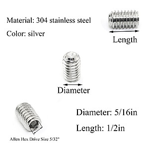 Pro Bamboo Kitchen 20pcs Socket Set Screws 5/16-18x1/2 inch Stainless Steel Screw Headless Hexagon Socket Set Stop Screw